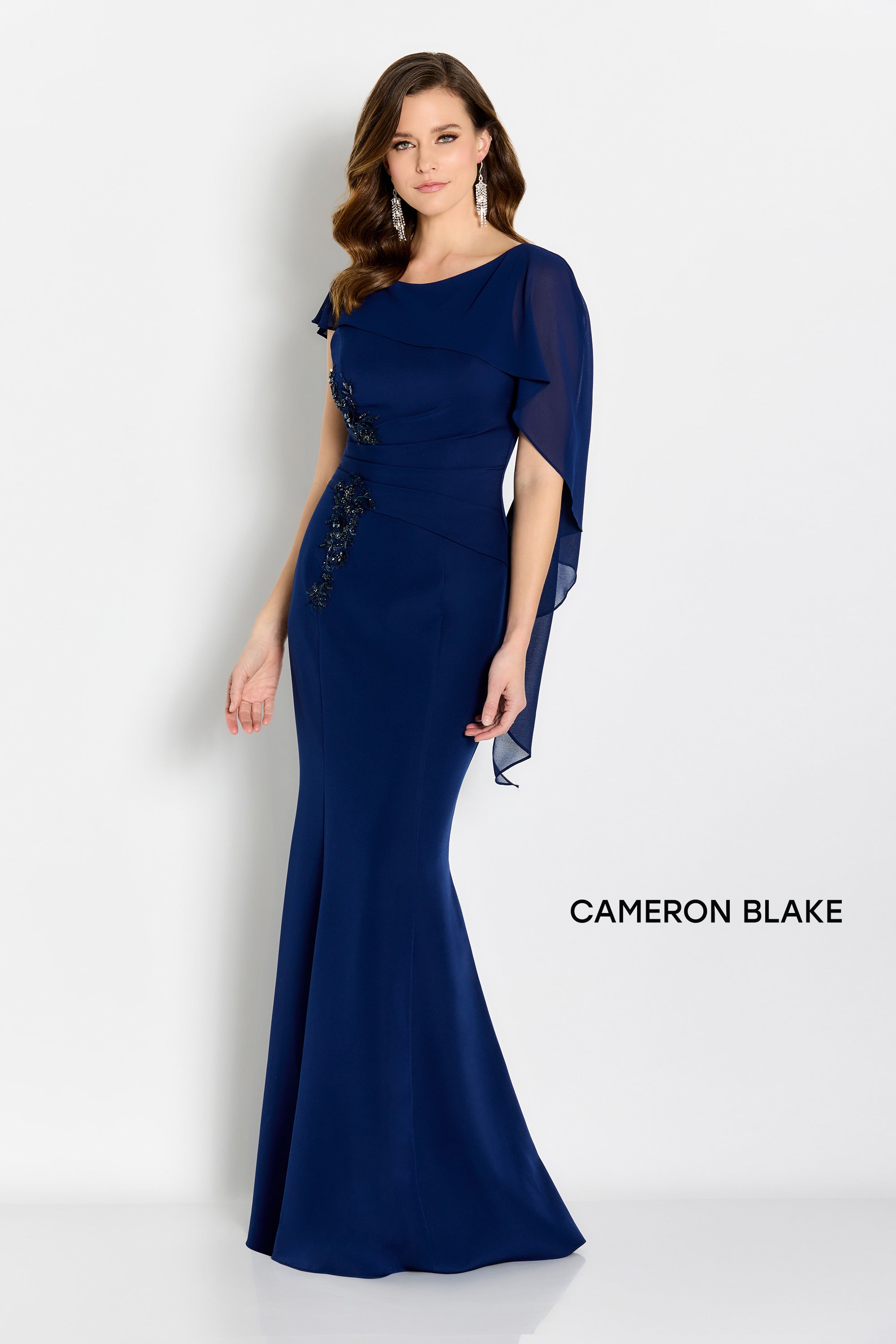 Curvy Asymmetrical Cape Gown with Bead Accents | Lizzy's by Cathy Allan