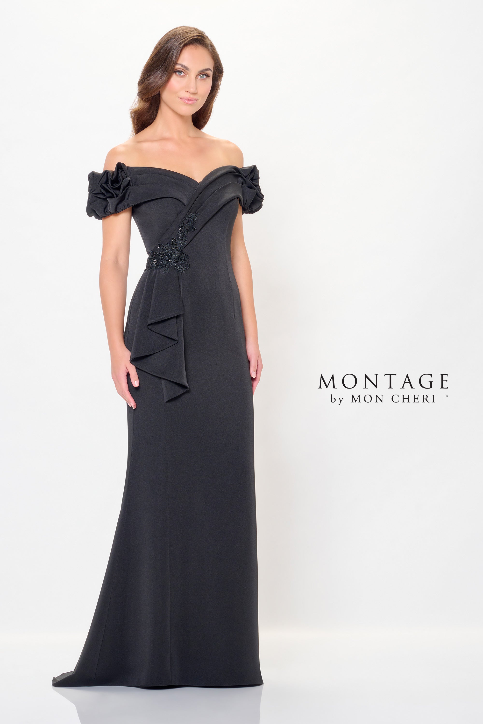 Ruffled Off Shoulder Crepe Gown | Lizzy's by Cathy Allan