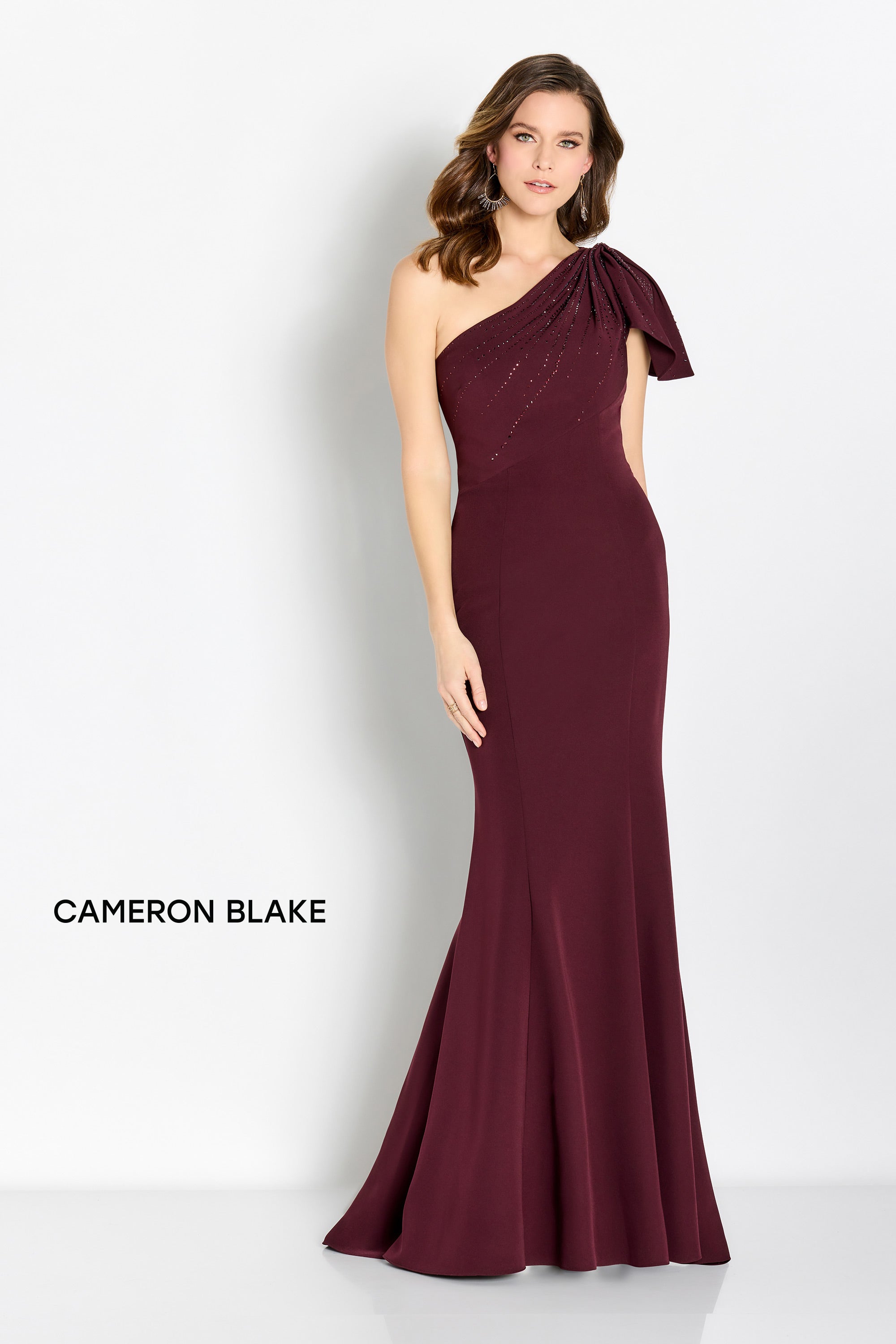 Stretch Crepe One Shoulder Gown With Stone Accent | Lizzy's by Cathy Allan